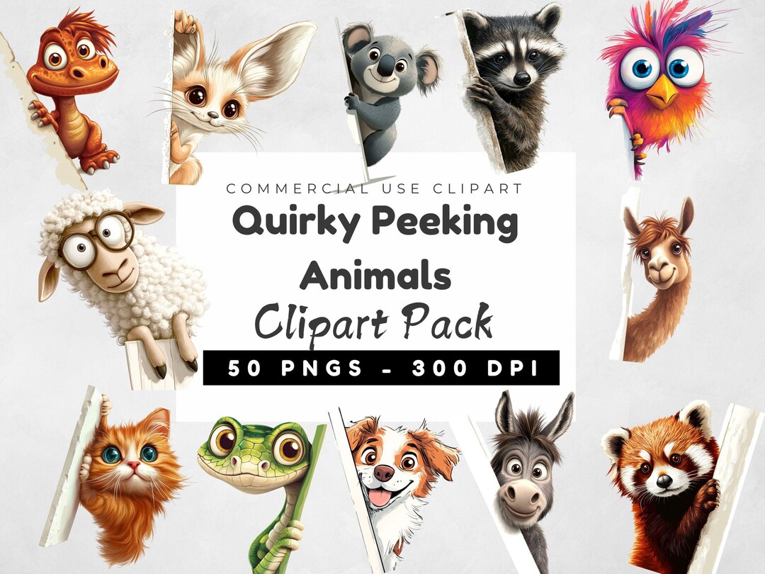 Quirky Peeking Animals Clipart Bundle, Humorous Whimsical Animal, Silly ...