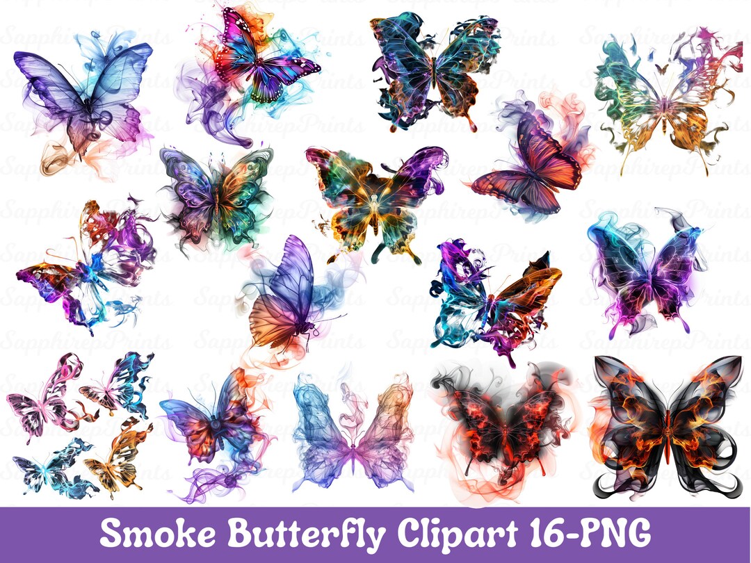 Smoke Butterfly Clipart, 12 Vibrant Smoke Butterfly Clipart Bundle ...