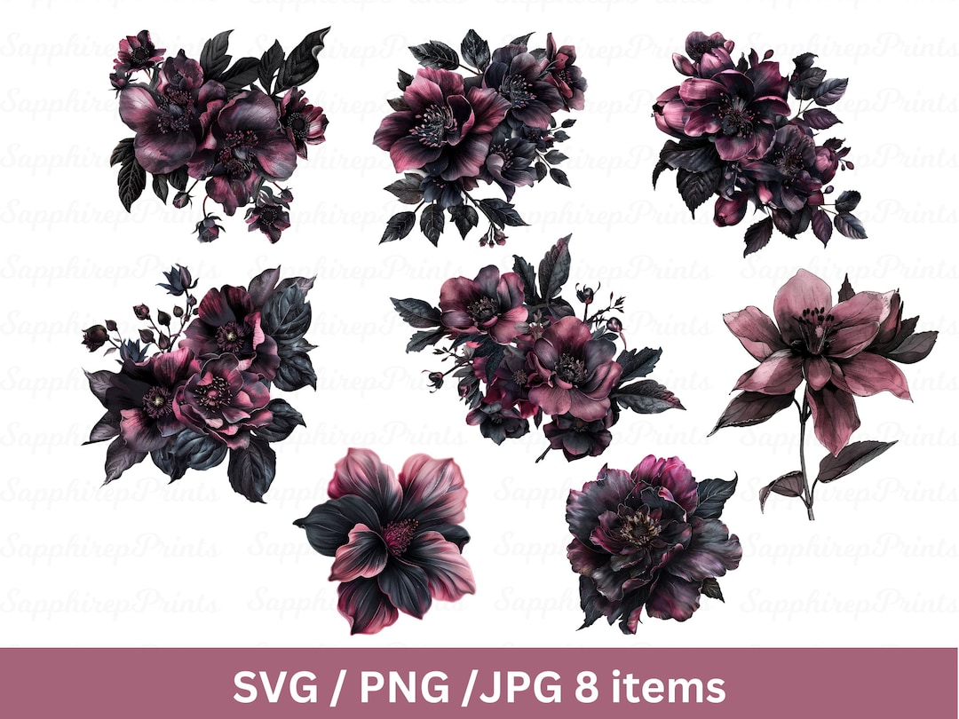 Watercolor Gothic Floral Clipart, Magical Gothic Flowers Clip Art, Dark ...