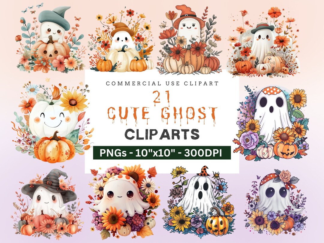 Watercolor Halloween Cute Ghost Clipart Bundle, Retro Halloween PNG ...