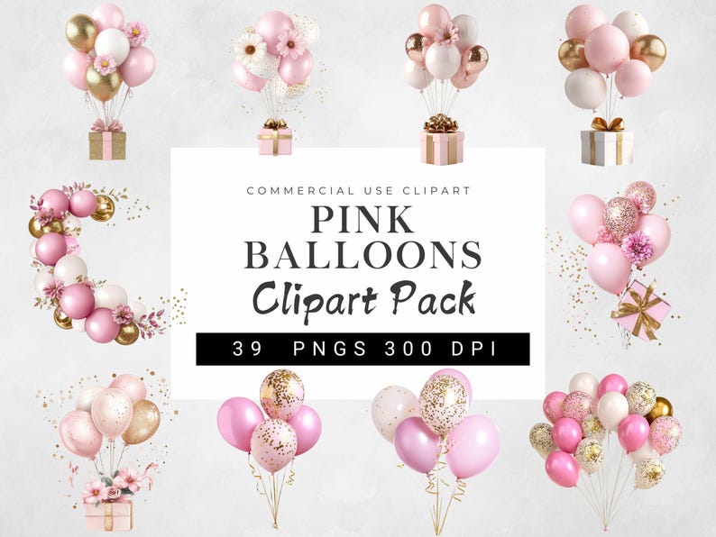 Pink and Gold Balloons With Flowers Clipart, Glitter Balloon PNG, Party ...
