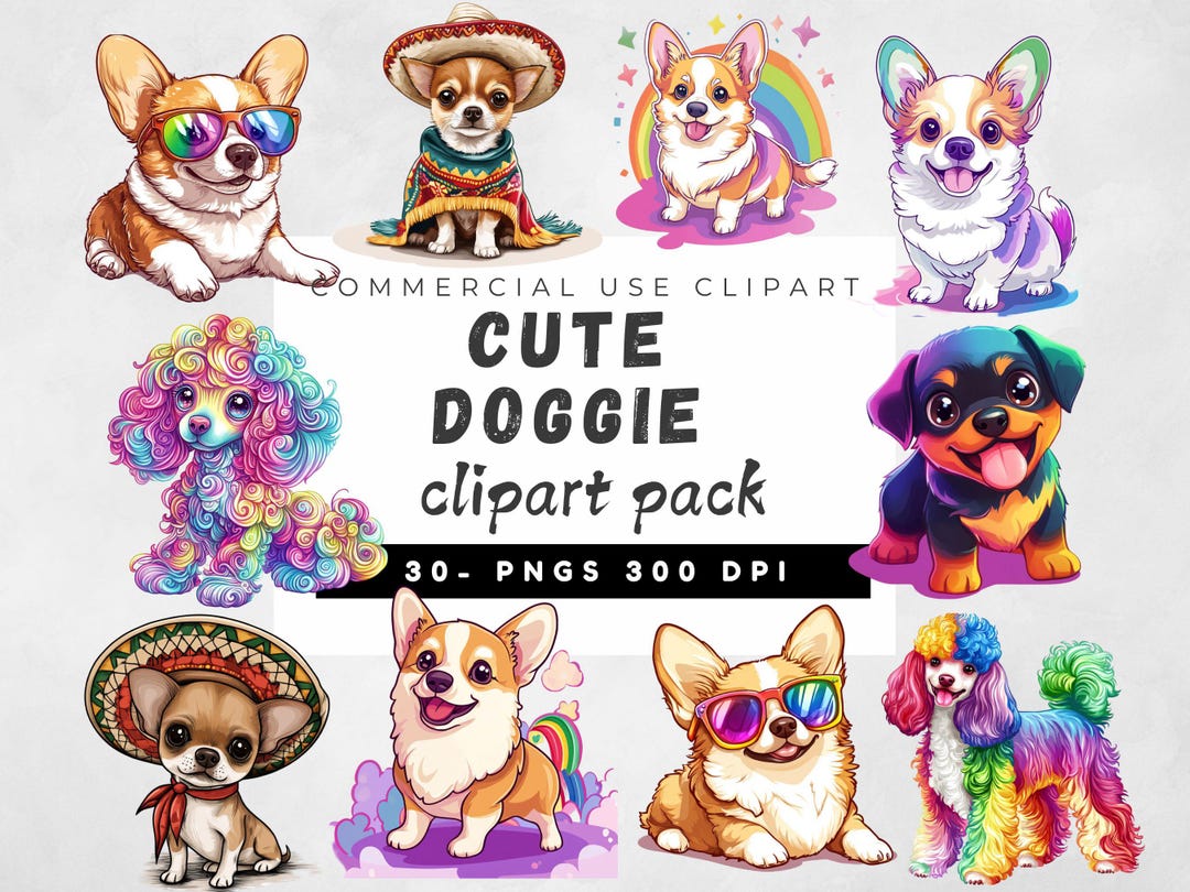 Cute Doggie Clipart Bundle, Cute Doggie PNG, Cute Colorful Dog Clipart ...