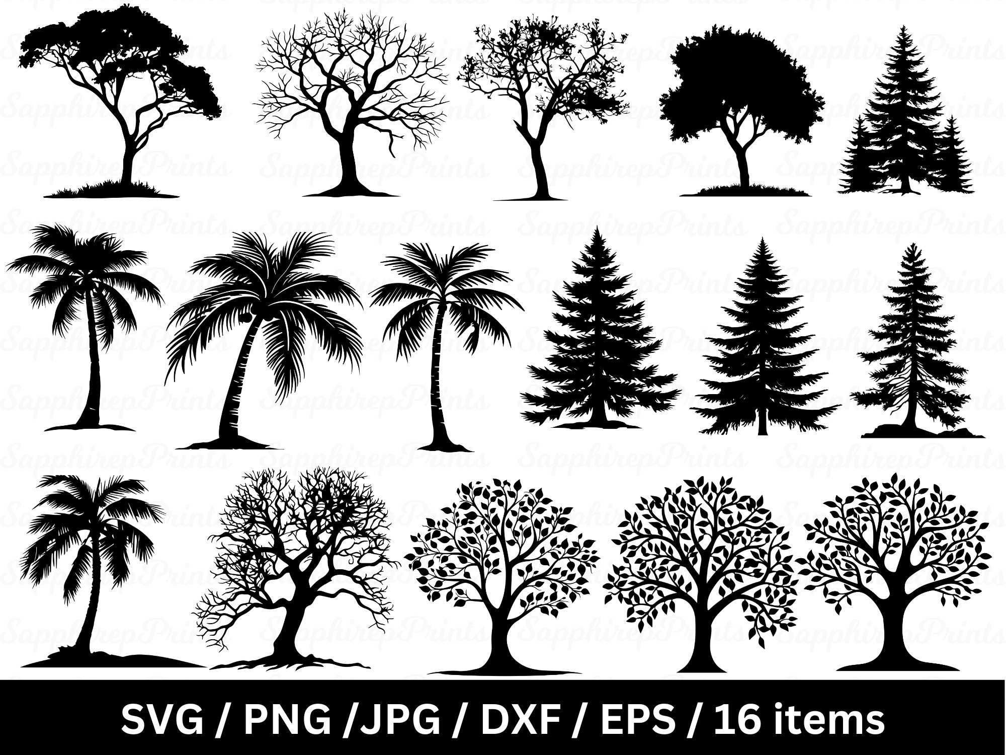 Tree Silhouette Svg Bundle, Pine Tree Svg, Palm Tree Svg, Tree Cut ...