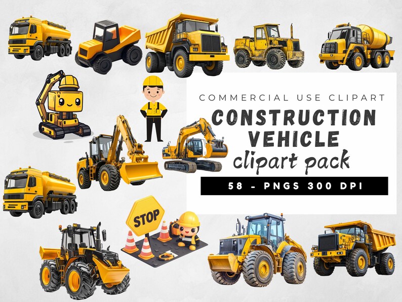 Construction Vehicle Clipart Bundle, Excavator, Dump Truck, Bulldozer ...