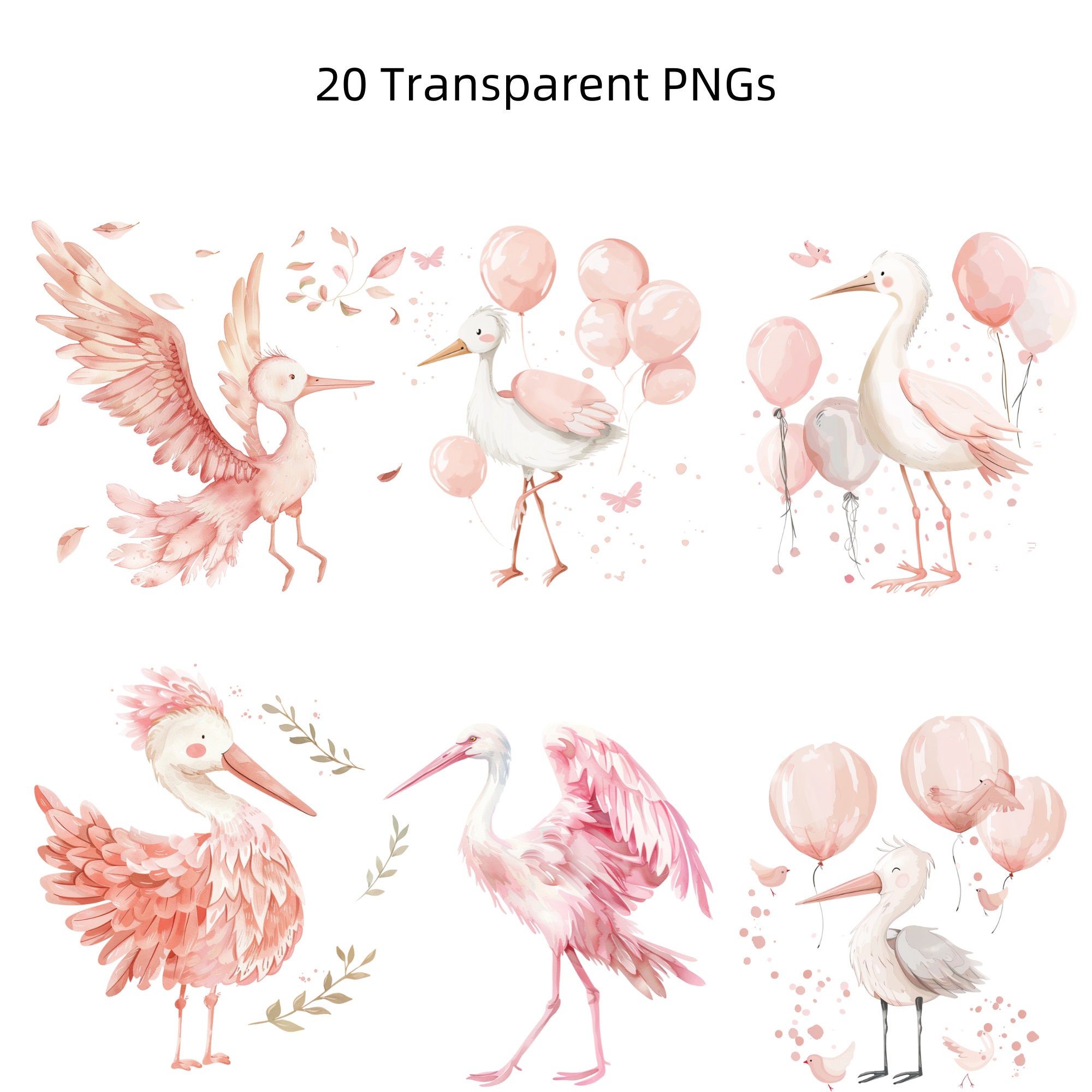 Pastel Pink Stork Clipart Bundle, 20 Transparent PNG Images, Adorable ...