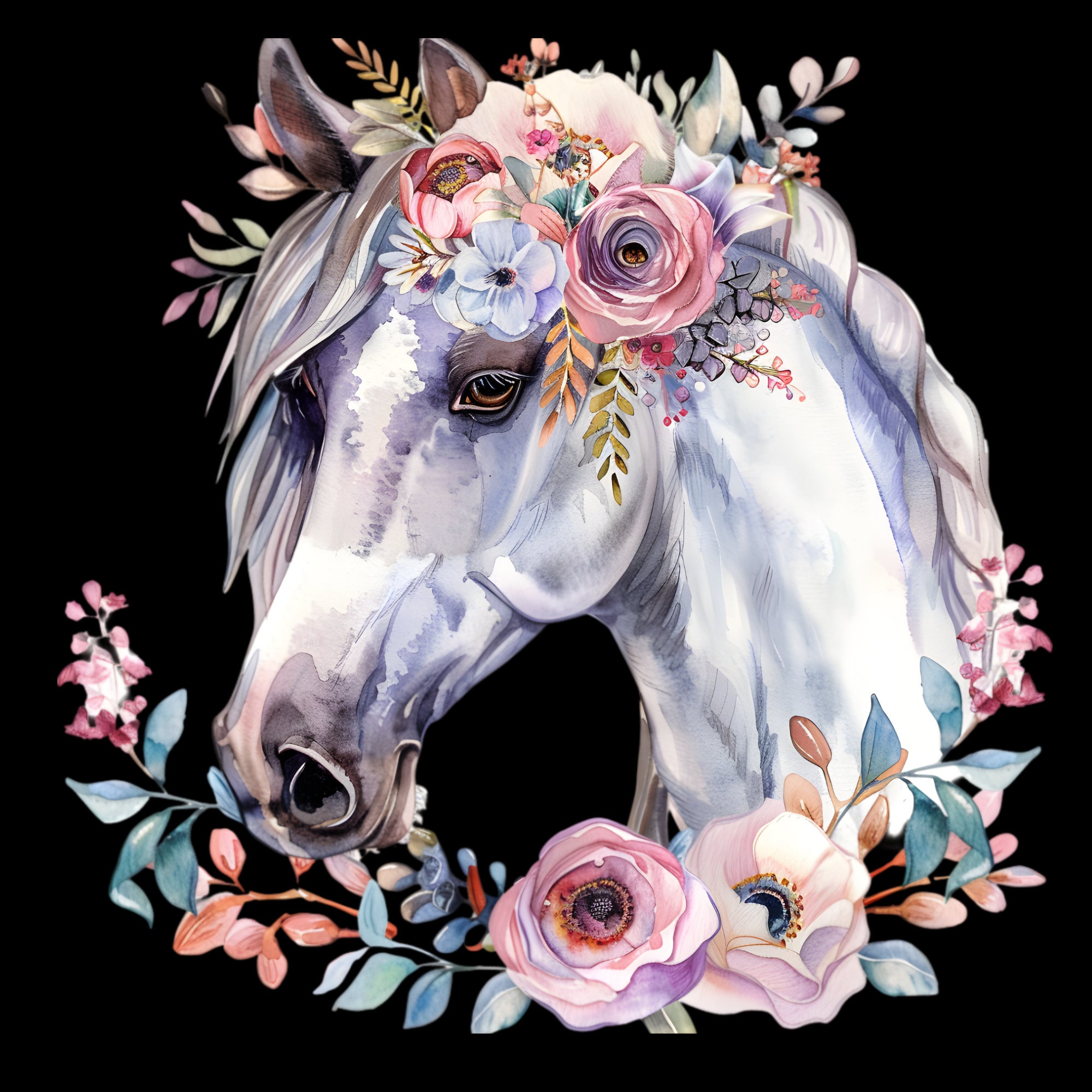 Watercolor Floral Horse Clip Art Set of 5, Floral Horse Png, Watercolor ...