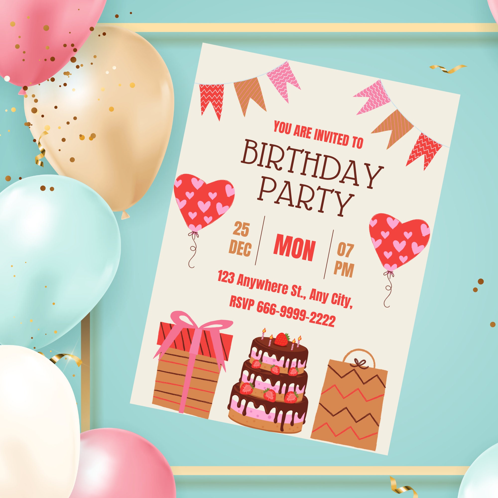 Editable Birthday Party Invitation Template, Printable Birthday Cake ...