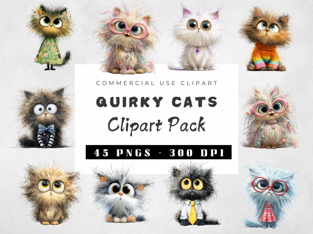 Watercolor Whimsical Cat Clipart Bundle | Quirky Messy Hair Cats ...
