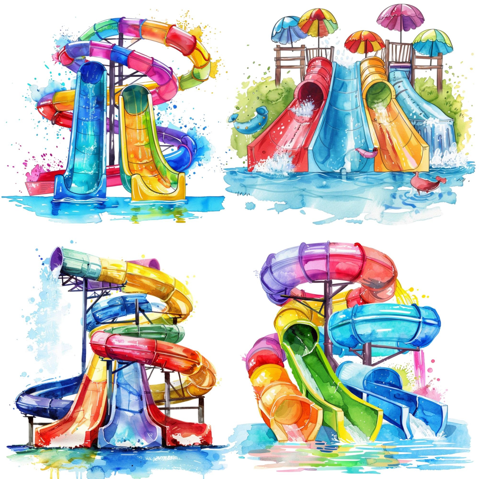 Watercolor Water Slide Clipart Bundle, Watercolor Waterslide Png, Water ...