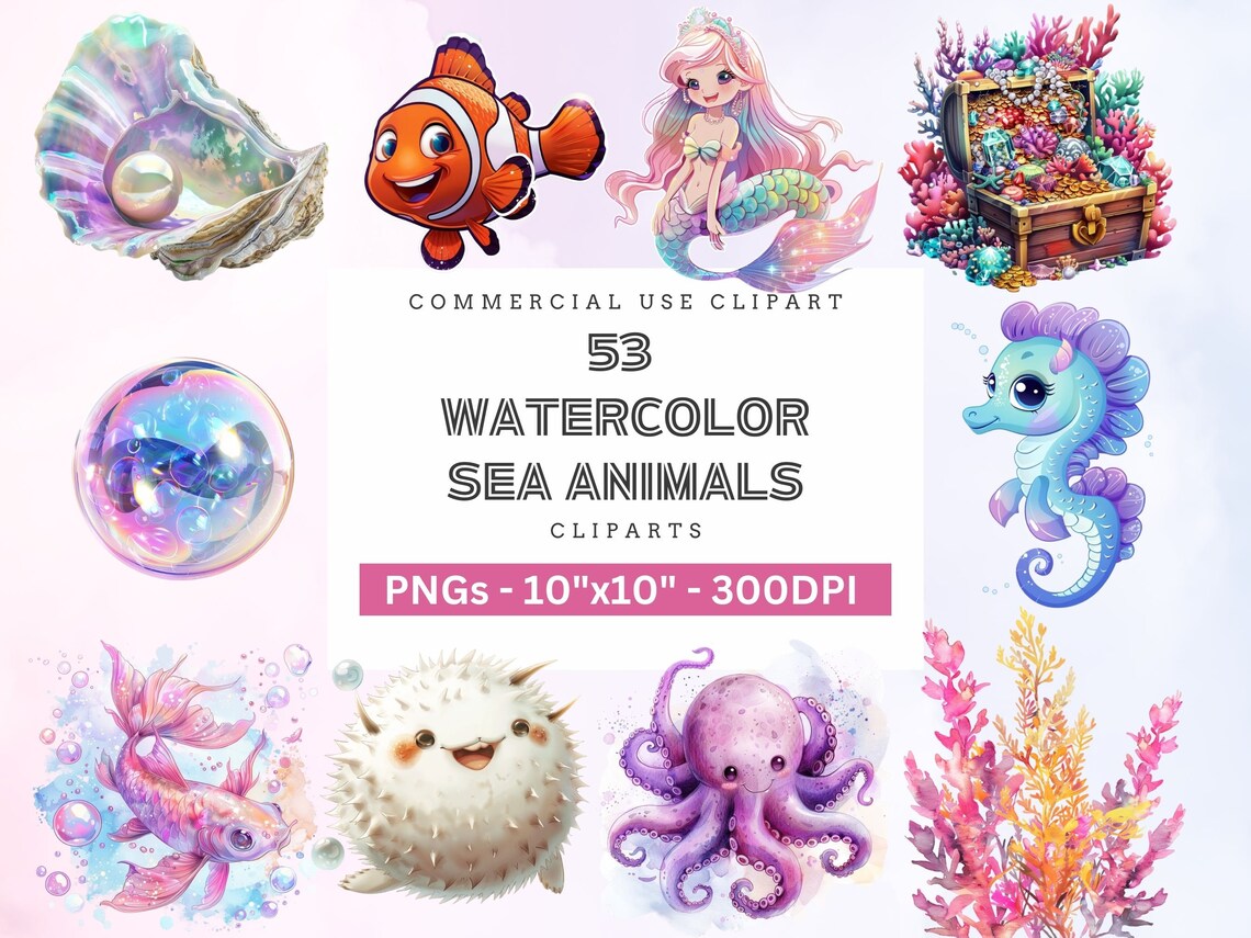 Watercolor Little Sea Animals Collection Clipart, 53 PNG Mermaid ...