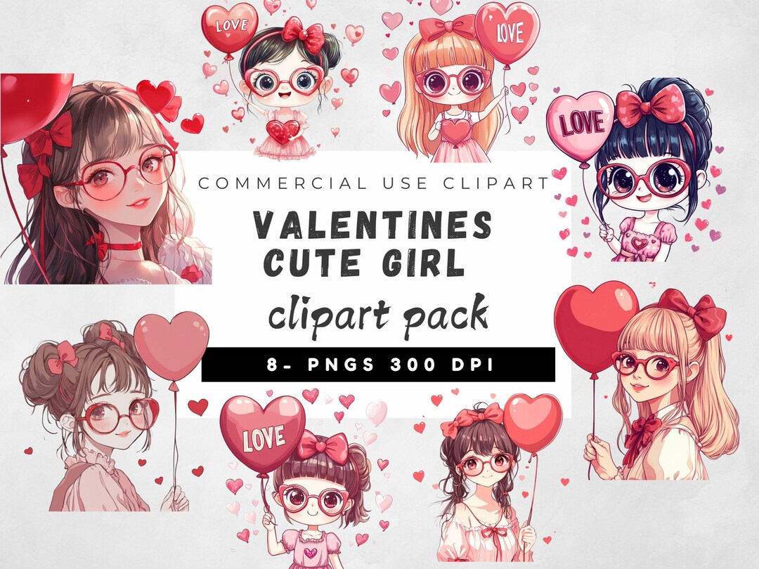 Valentine Cute Girl Clipart Bundle, Girl With Hearts and Roses Clipart ...