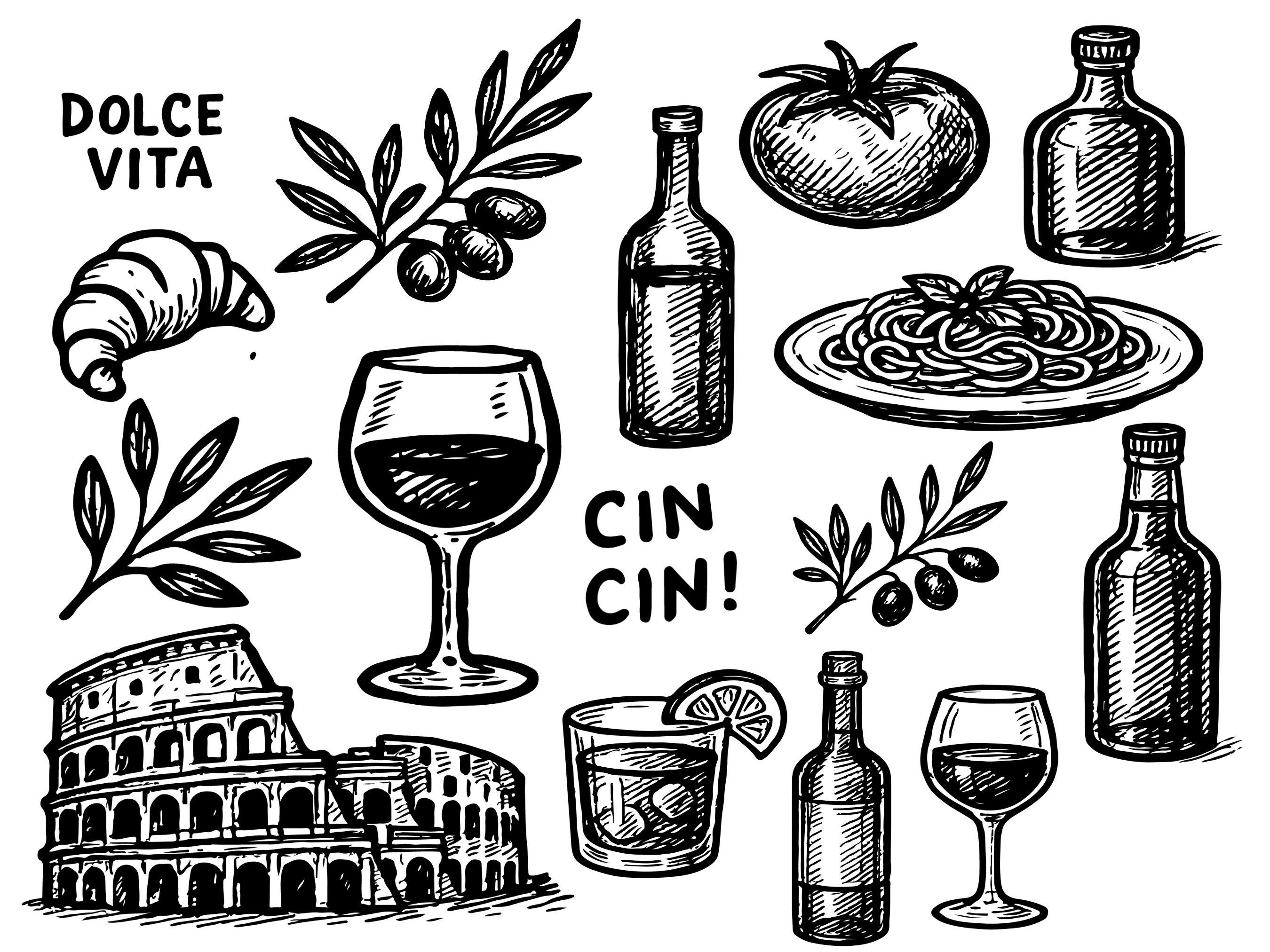 Italy Clipart Bundle SVG PNG JPG, Hand-drawn Mediterranean Food & Drink ...