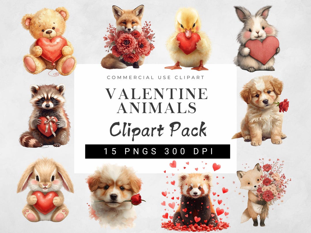 Whimsical Valentine Animals Clipart Set | Cute Romantic Animal ...