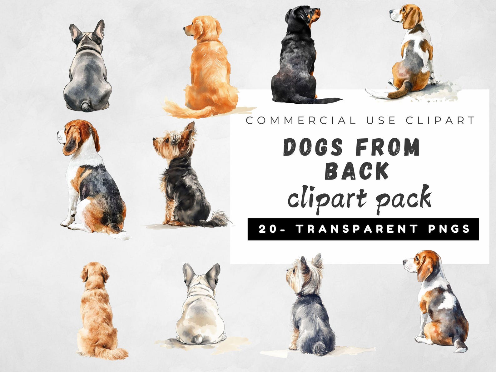 Dog Clipart From Back PNG | Cute Rear Sitting Dogs Watercolor Clipart ...