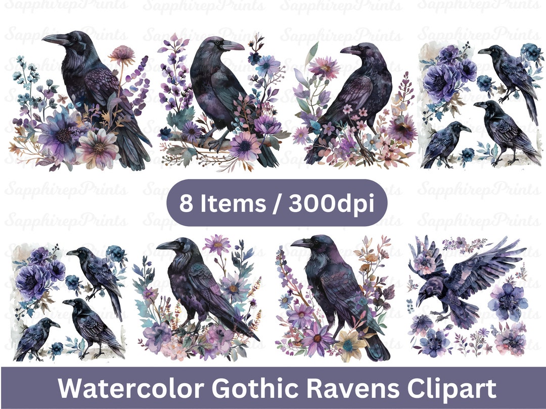 Watercolor Gothic Ravens Clipart, Dark Fantasy Watercolor Witch PNG ...