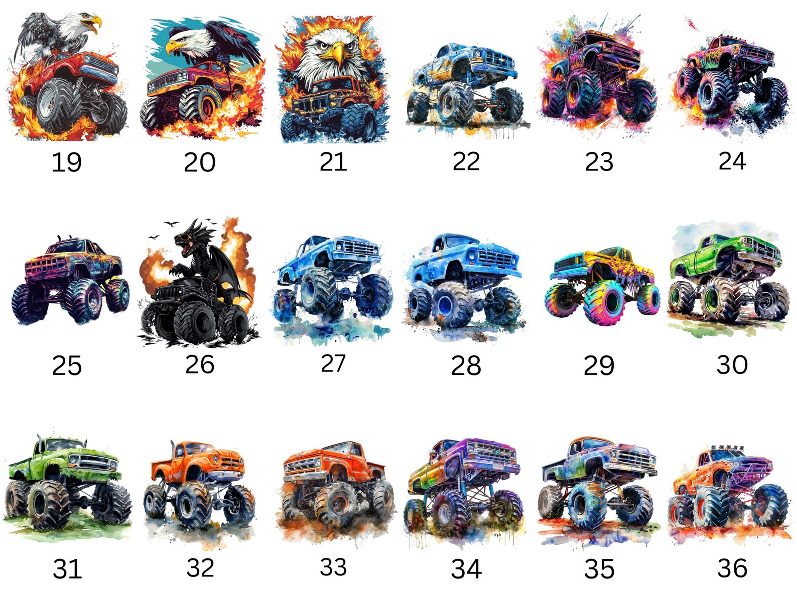 Watercolor Monster Truck Clipart, Monster Truck Png Bundle, Monster ...