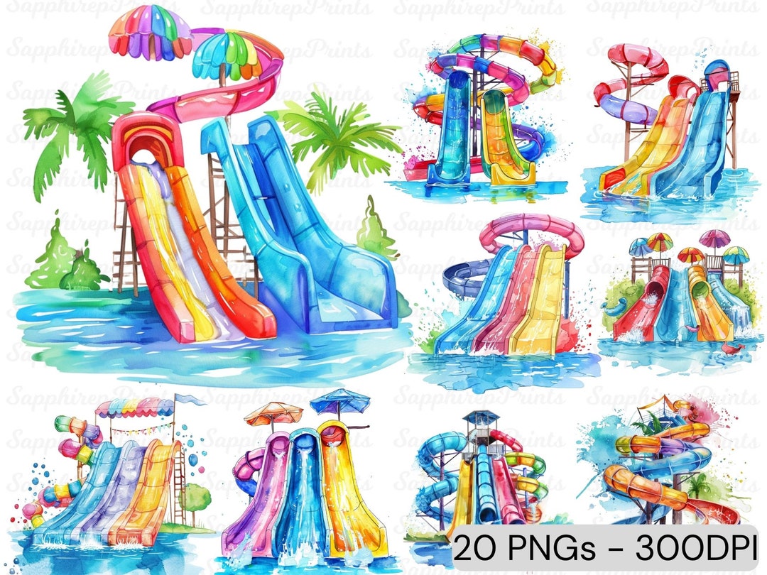 Watercolor Water Slide Clipart Bundle, Watercolor Waterslide Png, Water ...