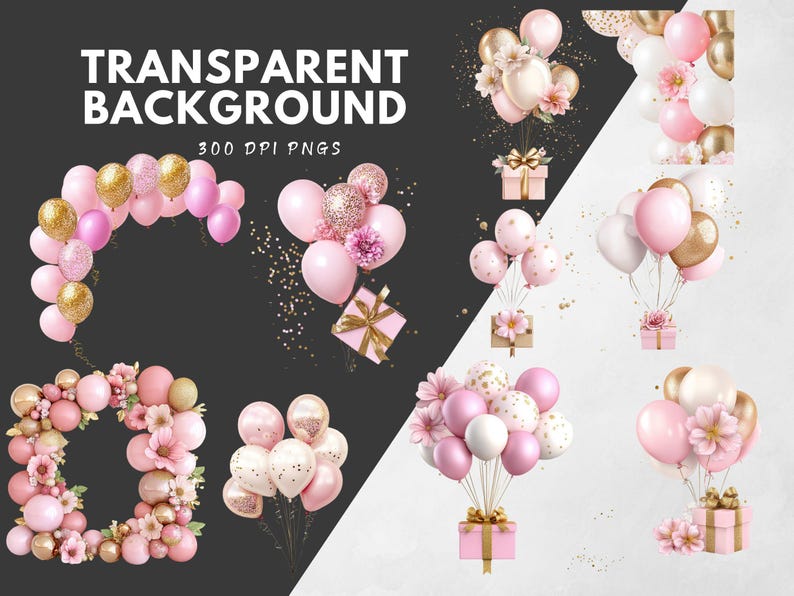 Pink and Gold Balloons With Flowers Clipart, Glitter Balloon PNG, Party ...