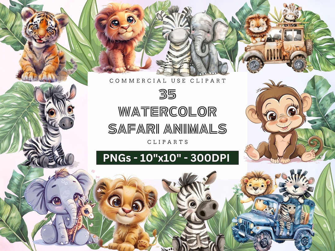 Watercolor Safari Animals Clipart, Safari Clipart, Jungle Animals PNG ...