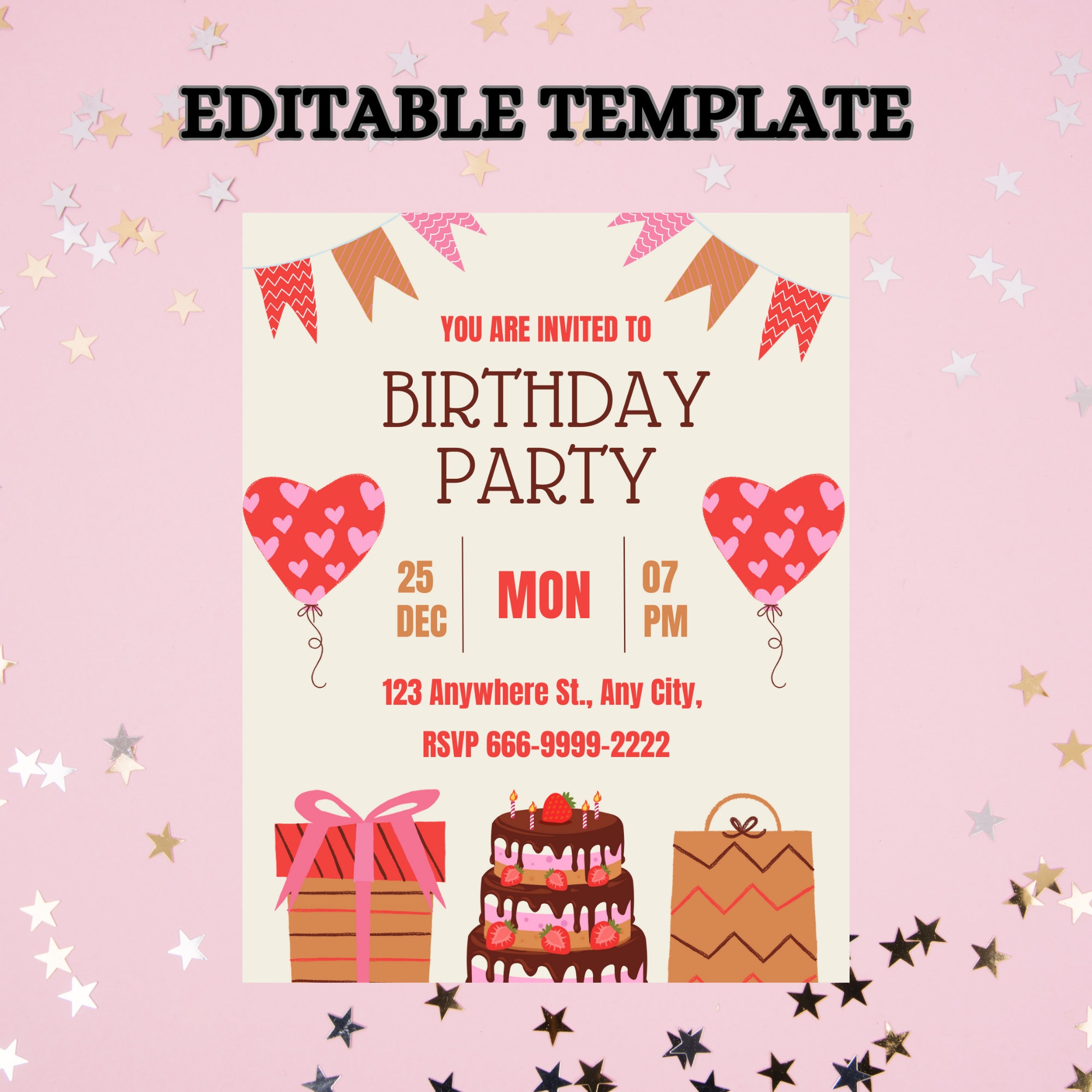 Editable Birthday Party Invitation Template, Printable Birthday Cake ...