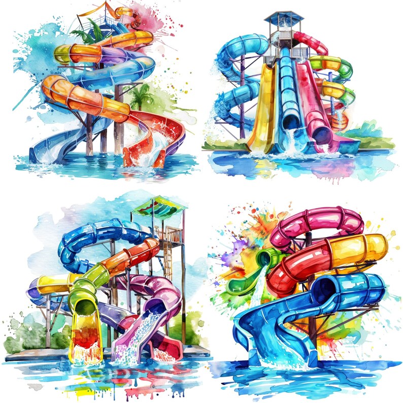 Watercolor Water Slide Clipart Bundle, Watercolor Waterslide Png, Water ...