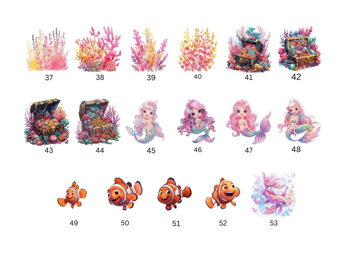 Watercolor Little Sea Animals Collection Clipart, 53 PNG Mermaid ...
