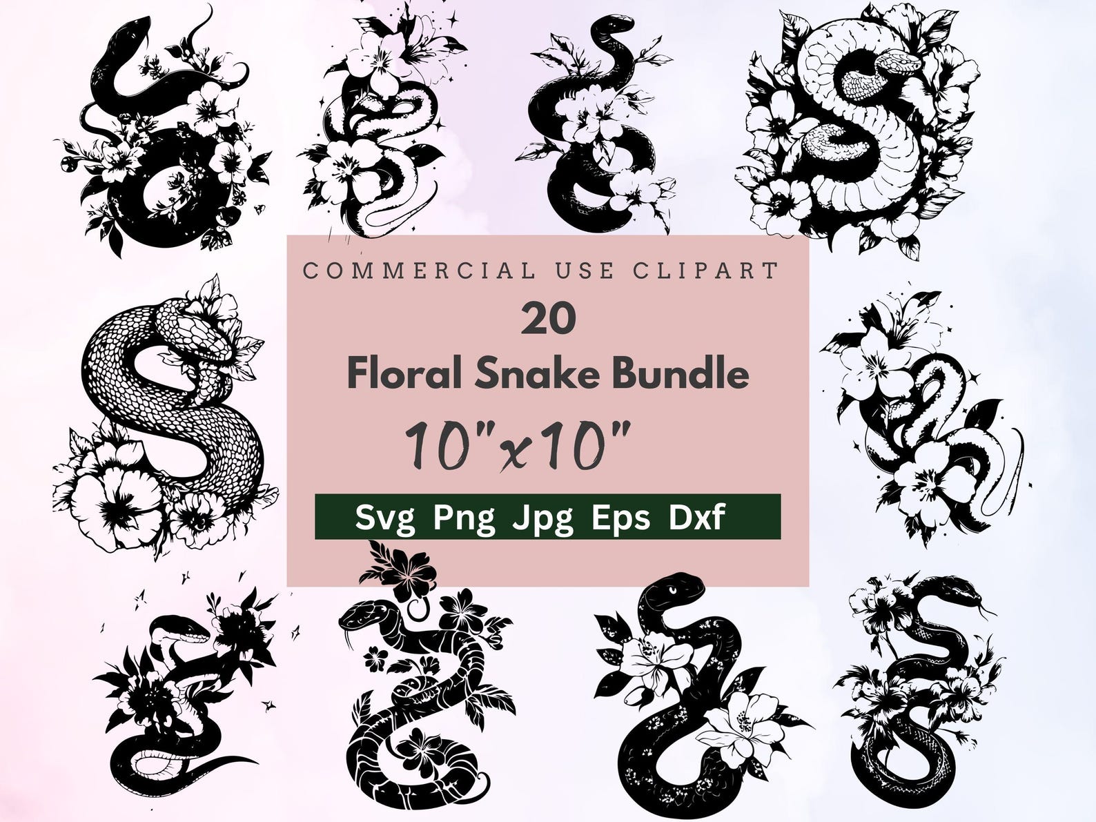 Snakes and Roses Svg, Flower Snake Svg, Snake Floral Png, Vector Snake ...