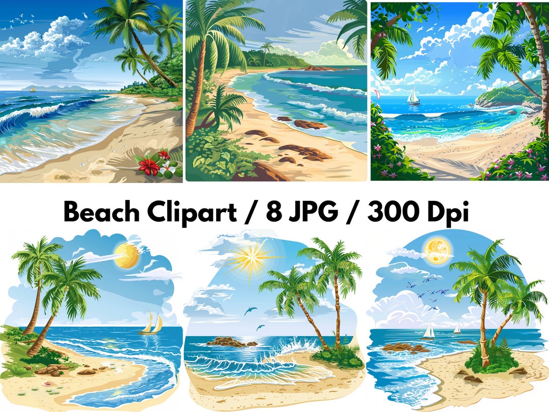 Watercolor Tropical Beach Clipart Bundle | Palm Tree & Ocean View Jpgs ...