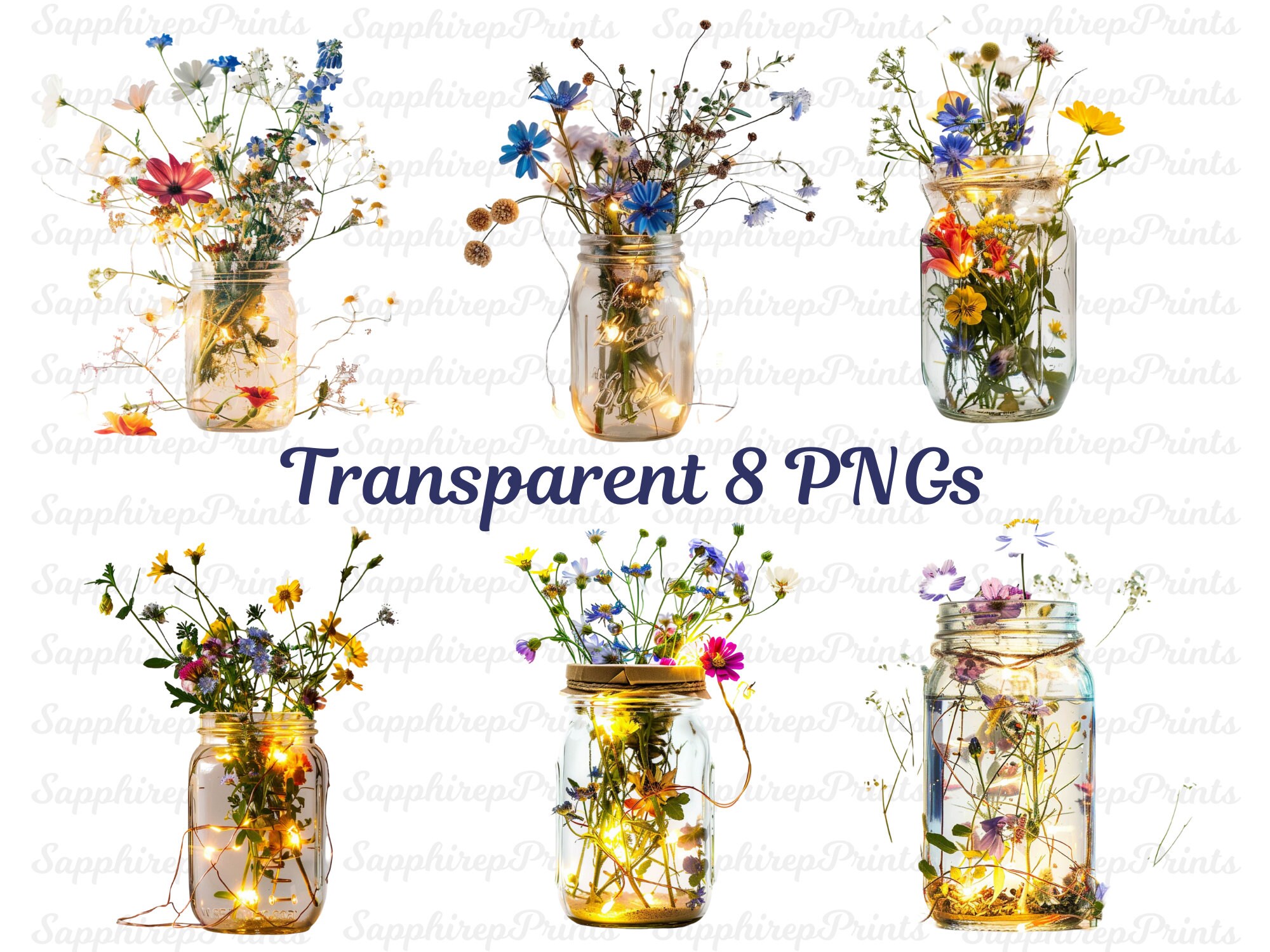 Mason Jar Clipart, Mason Jar Floral Clipart, Wildflower Bouquets Summer ...