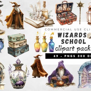 Wizards School Watercolor Clipart Bundle, Magic School Clipart, Witch ...