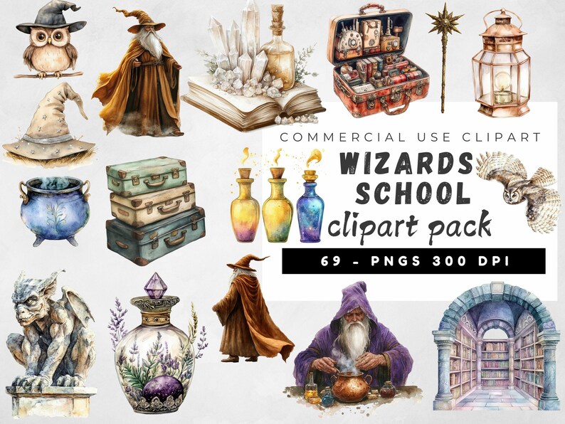 Wizards School Watercolor Clipart Bundle, Magic School Clipart, Witch ...