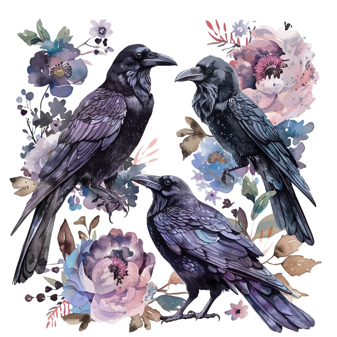 Watercolor Gothic Ravens Clipart, Dark Fantasy Watercolor Witch PNG ...