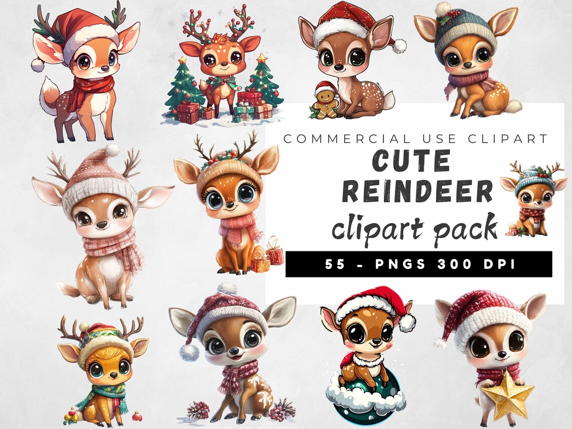 Cute Reindeer Clipart Bundle, Christmas Deer PNG, Watercolor Santa ...