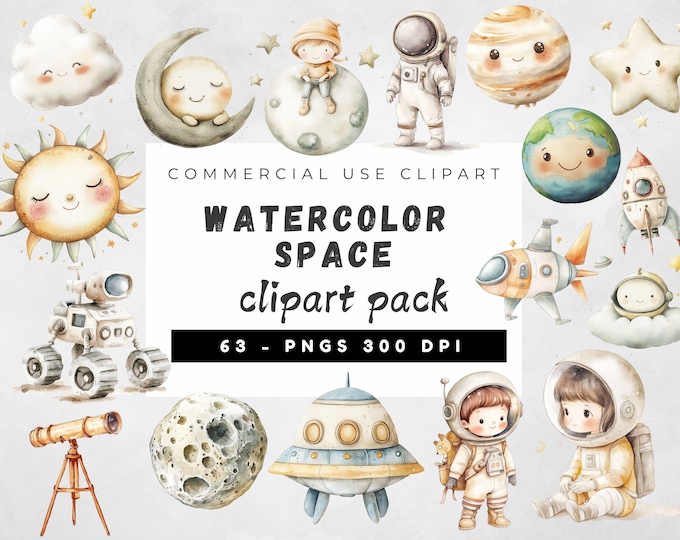 Watercolor Space Clipart Bundle Astronaut Rocket Png | Cute Space ...