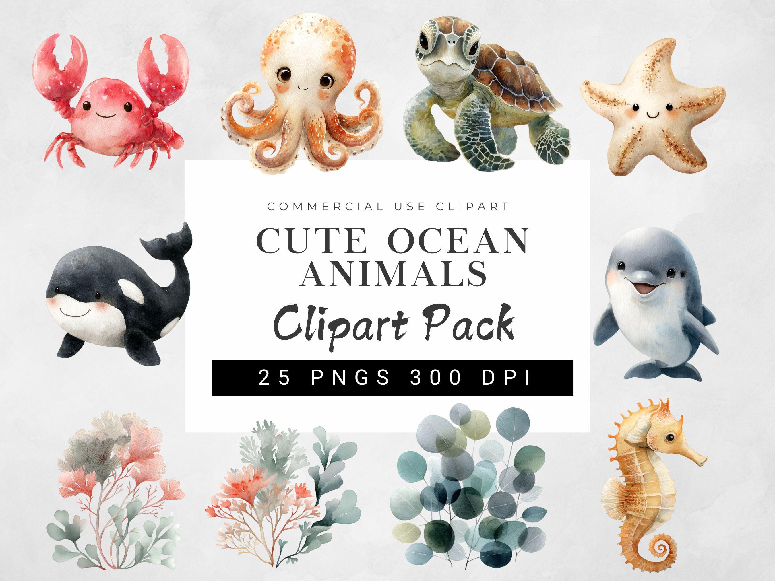 Cute Ocean Animals Clipart Bundle, Watercolor Sea Life Pngs, Underwater ...