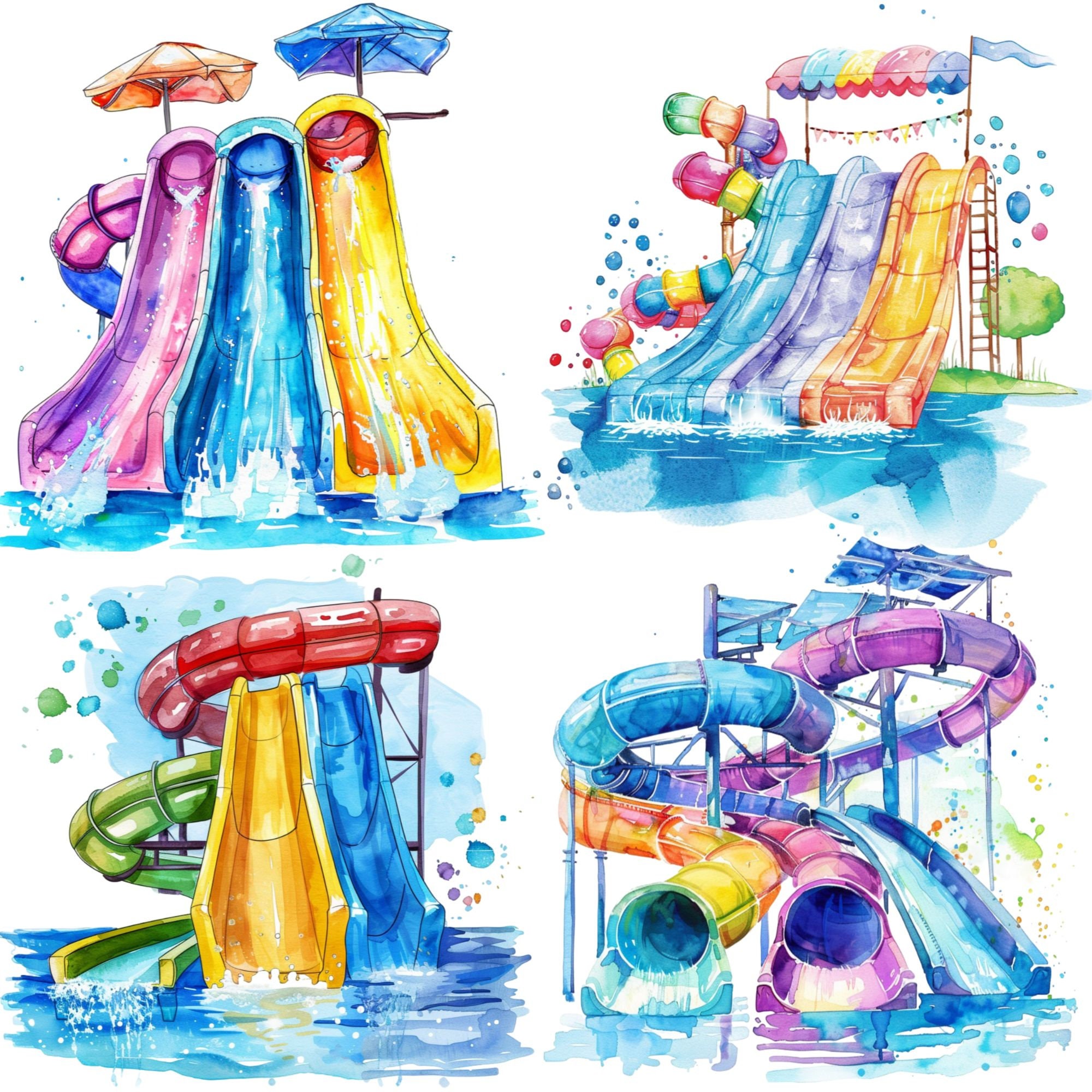 Watercolor Water Slide Clipart Bundle, Watercolor Waterslide Png, Water ...