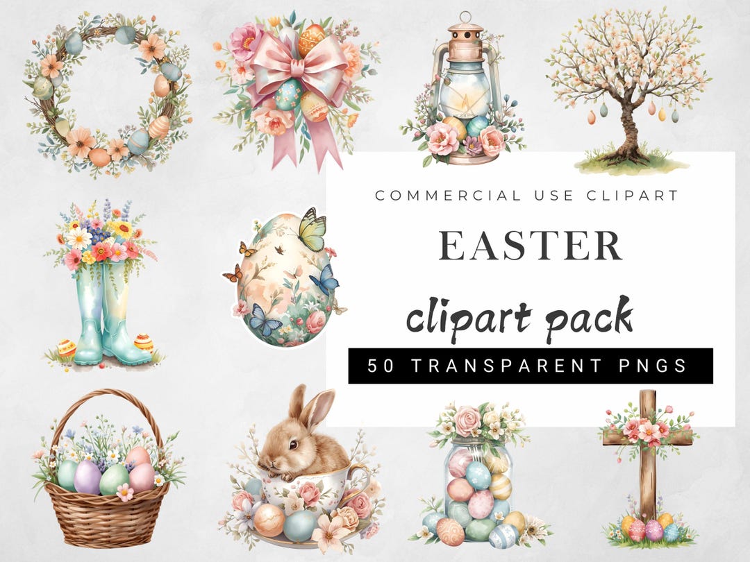 Easter Bunny Clipart Bundle, Pink Bow Bunny PNG, Easter Basket & Egg ...