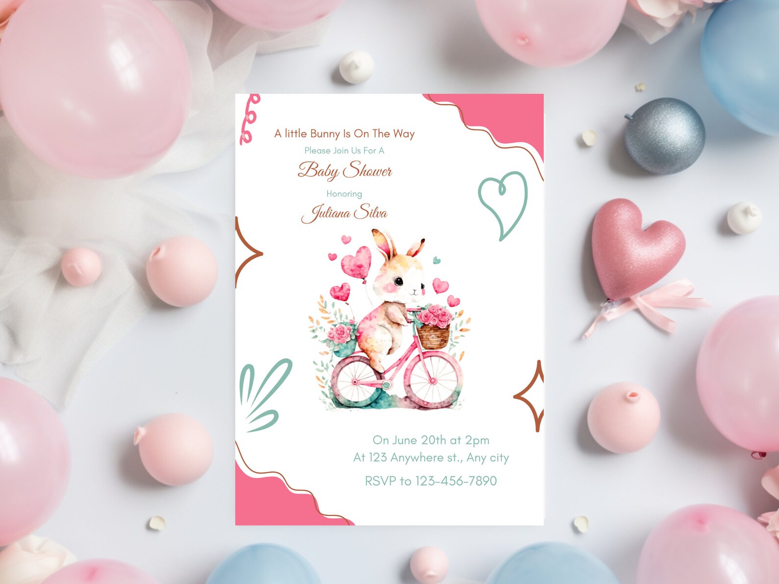 Editable Bunny Baby Shower Invitation Template, Girl Bunny Baby Shower ...