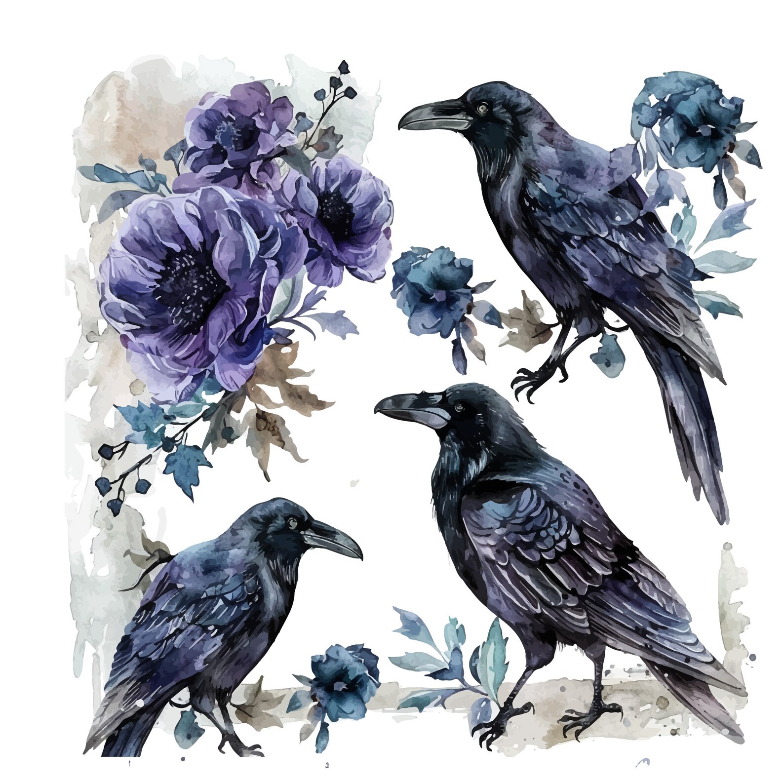 Watercolor Gothic Ravens Clipart, Dark Fantasy Watercolor Witch PNG ...