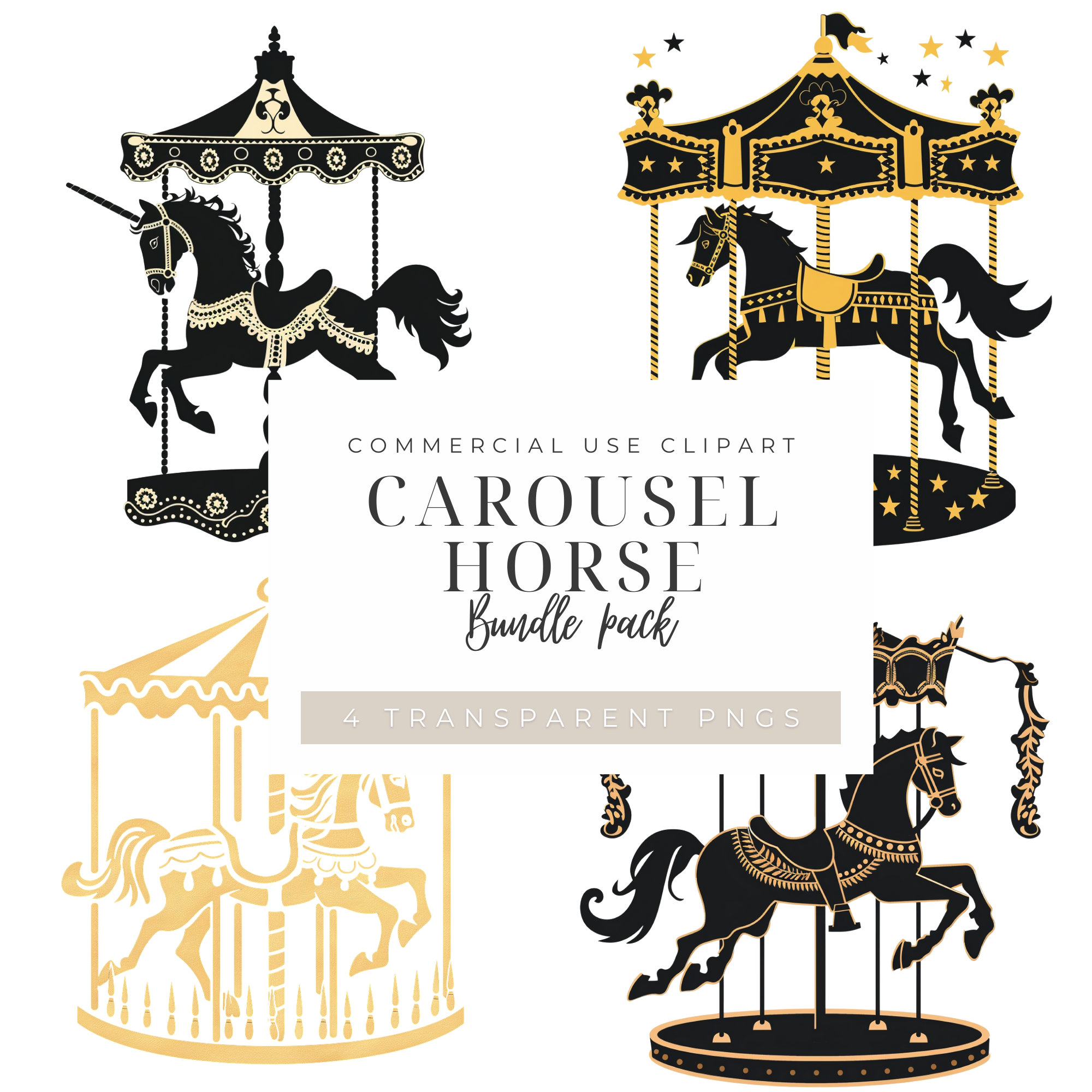 Carousel Horse Clipart Bundle Set of 4, Carousel Horse Png, Horse ...