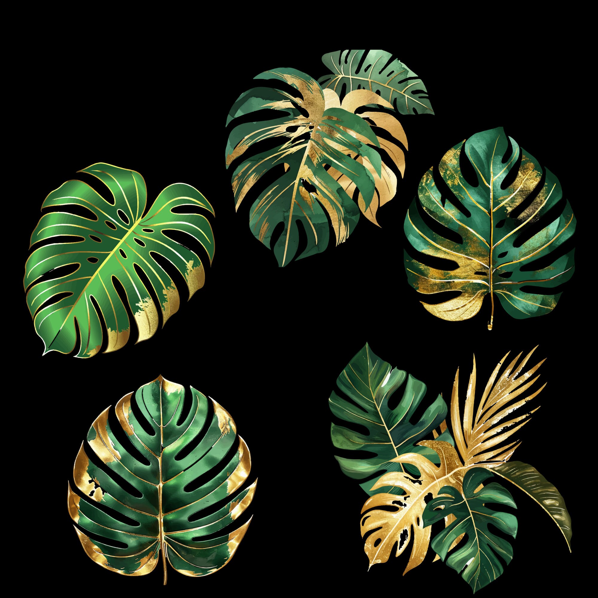 Green and Gold Tropical Leaves Clipart Bundle, Gold Foil Tropical Leaf ...