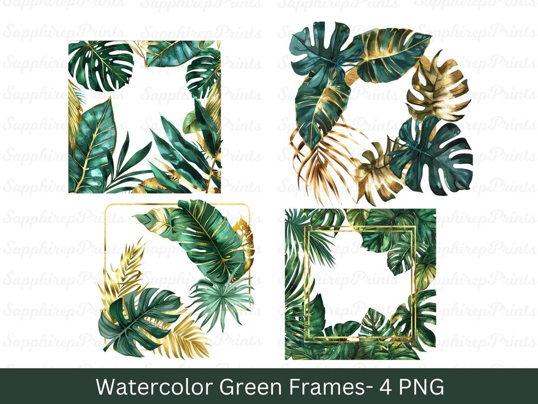 Watercolor Green Frames Png, Watercolor Green Plant Frames Set PNG ...
