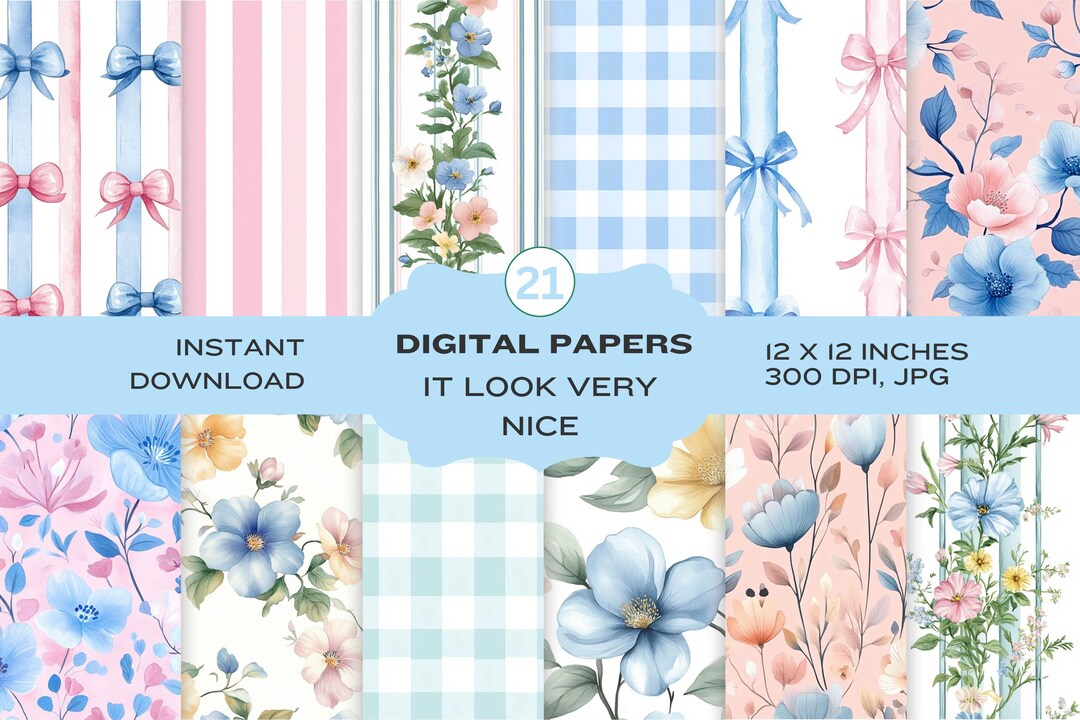 Watercolor Grandmillennial Seamless Patterns, Pink and Blue Flower ...