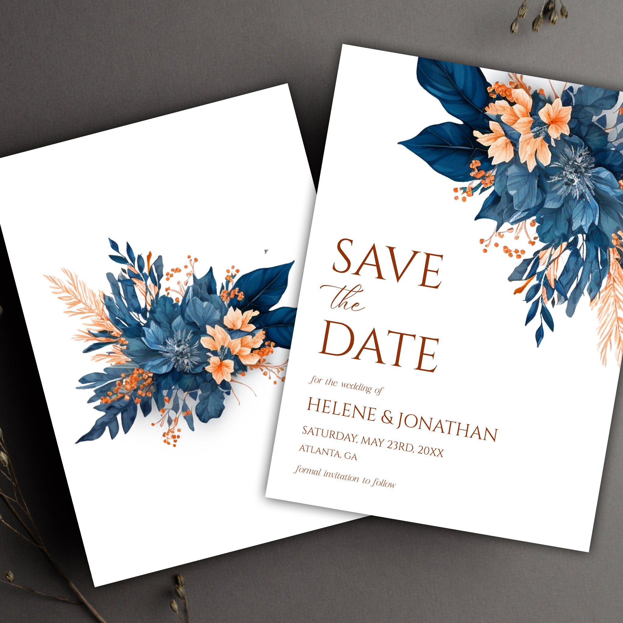 Navy Blue Orange Elegant Wedding Save the Date Template Watercolor ...