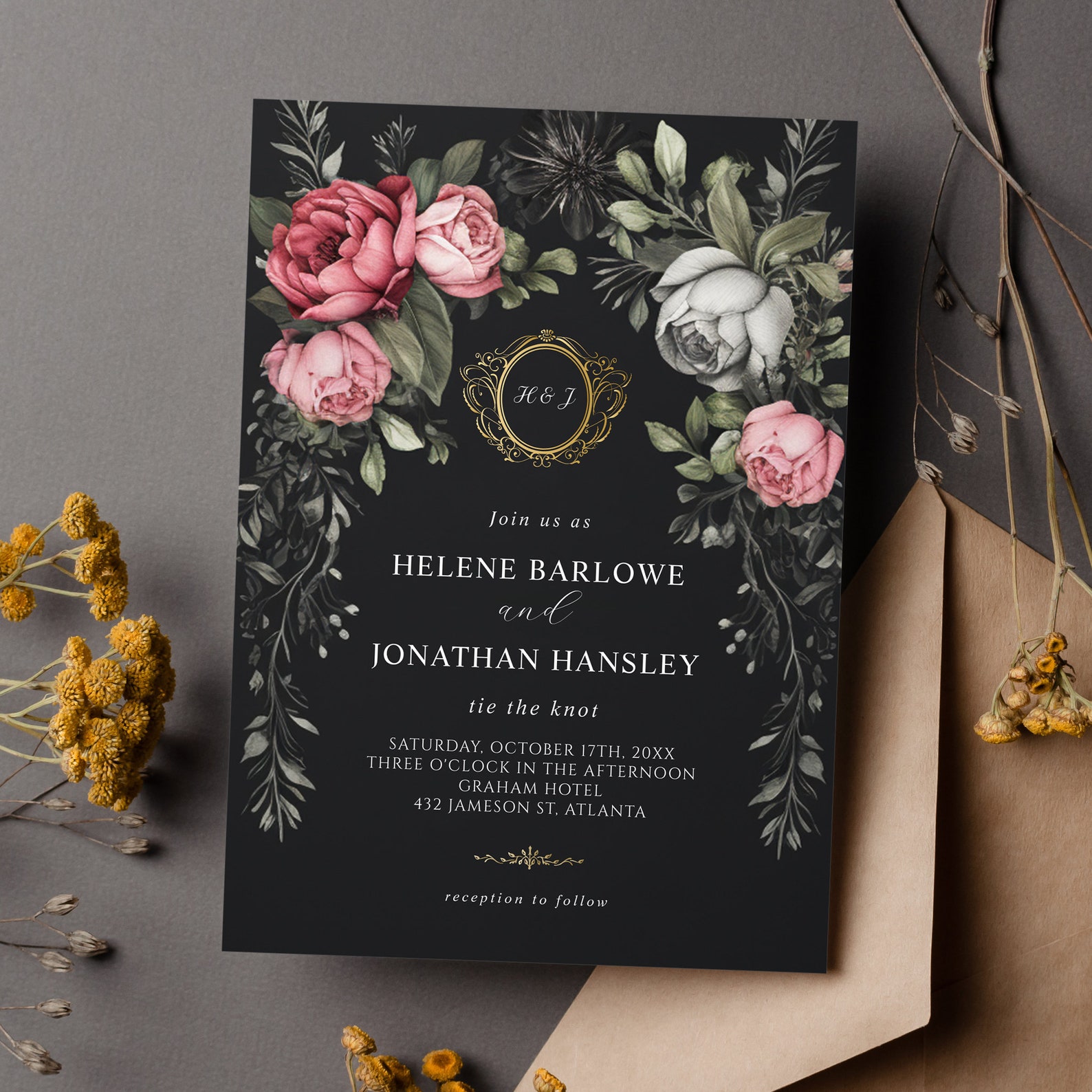 Dark Floral Moody Wedding Invitation Template Chic Black Gothic Wedding ...