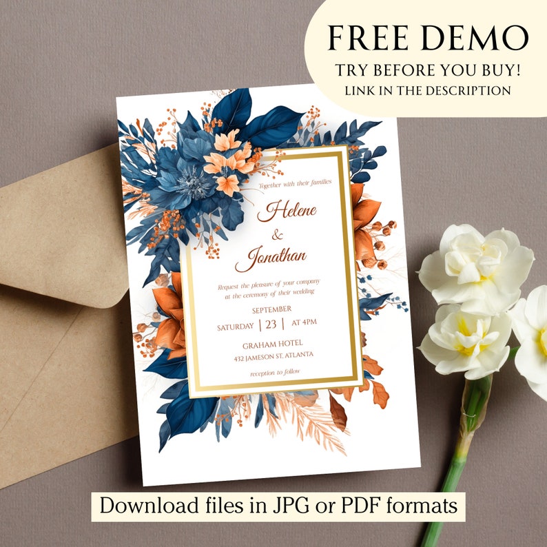 Blue Orange Fall Wedding Invitation Template Watercolor Floral Navy ...
