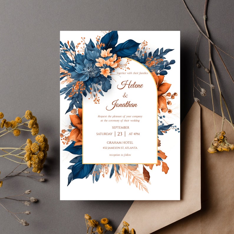 Blue Terracotta Wedding Invitation Template Watercolor Floral Boho Fall ...