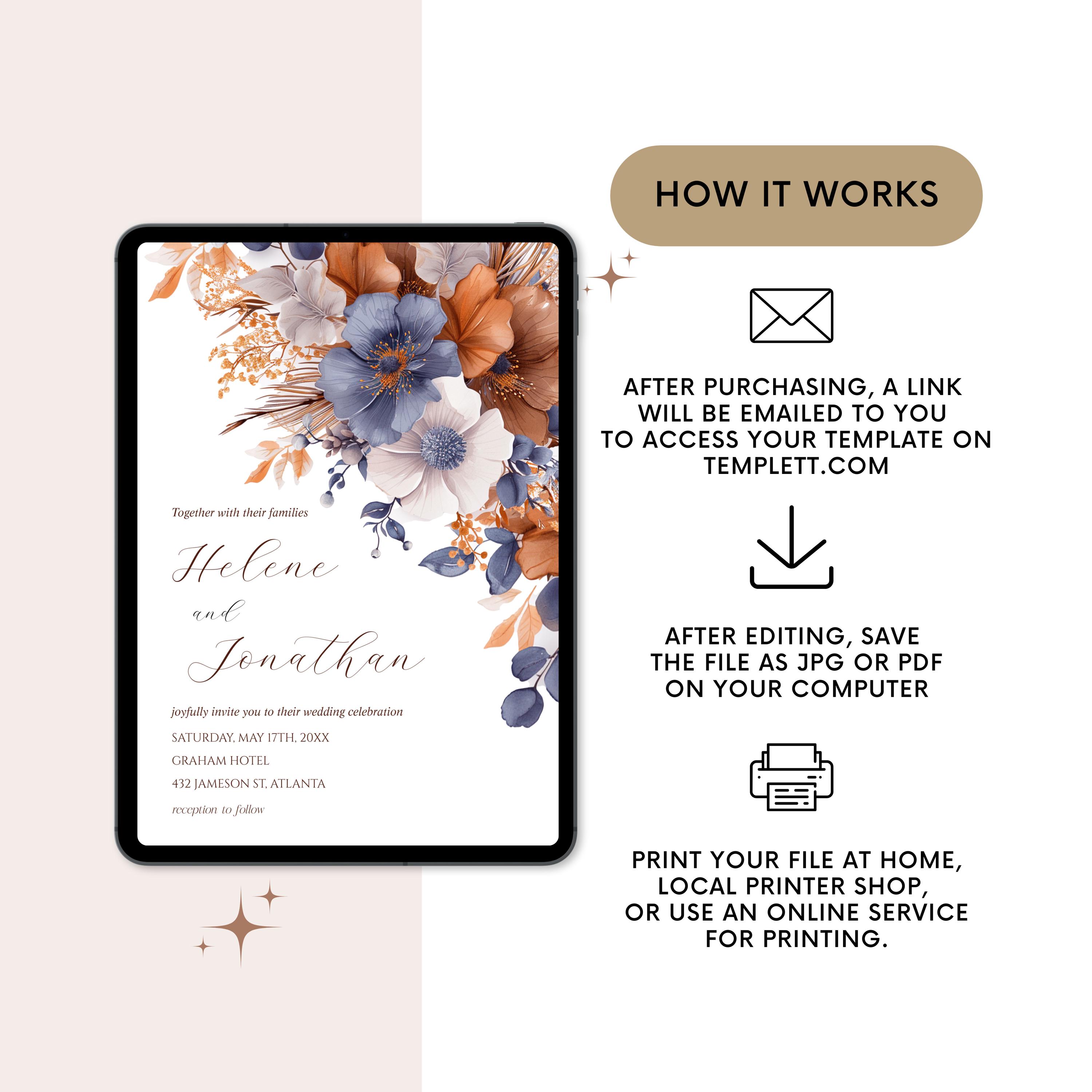 Elegant Dusty Blue Rust Wedding Invitation Template Watercolor Floral ...