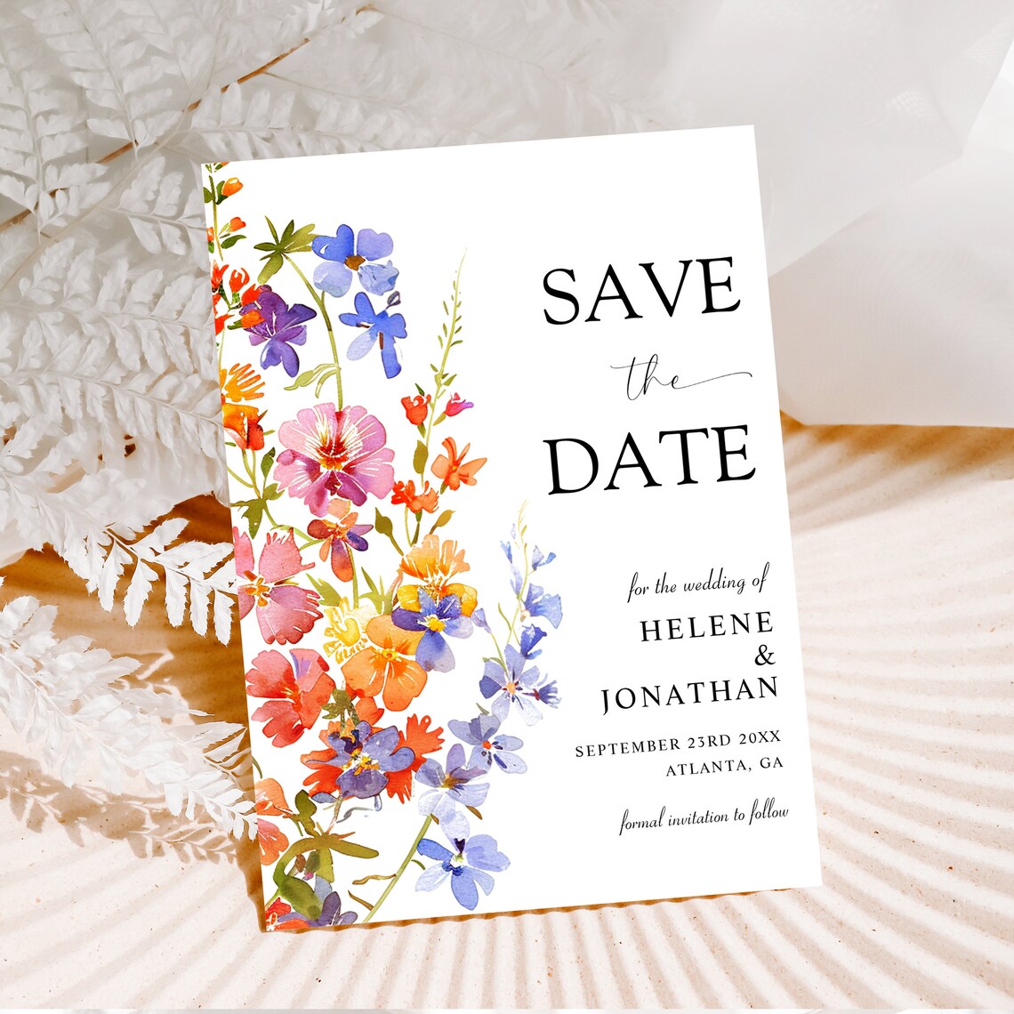 Wildflower Save the Date Template Printable Botanical Watercolor Floral Elegant Wedding ...