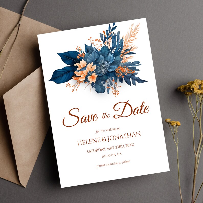 Navy Blue Rust Elegant Wedding Save the Date Template Watercolor Floral ...